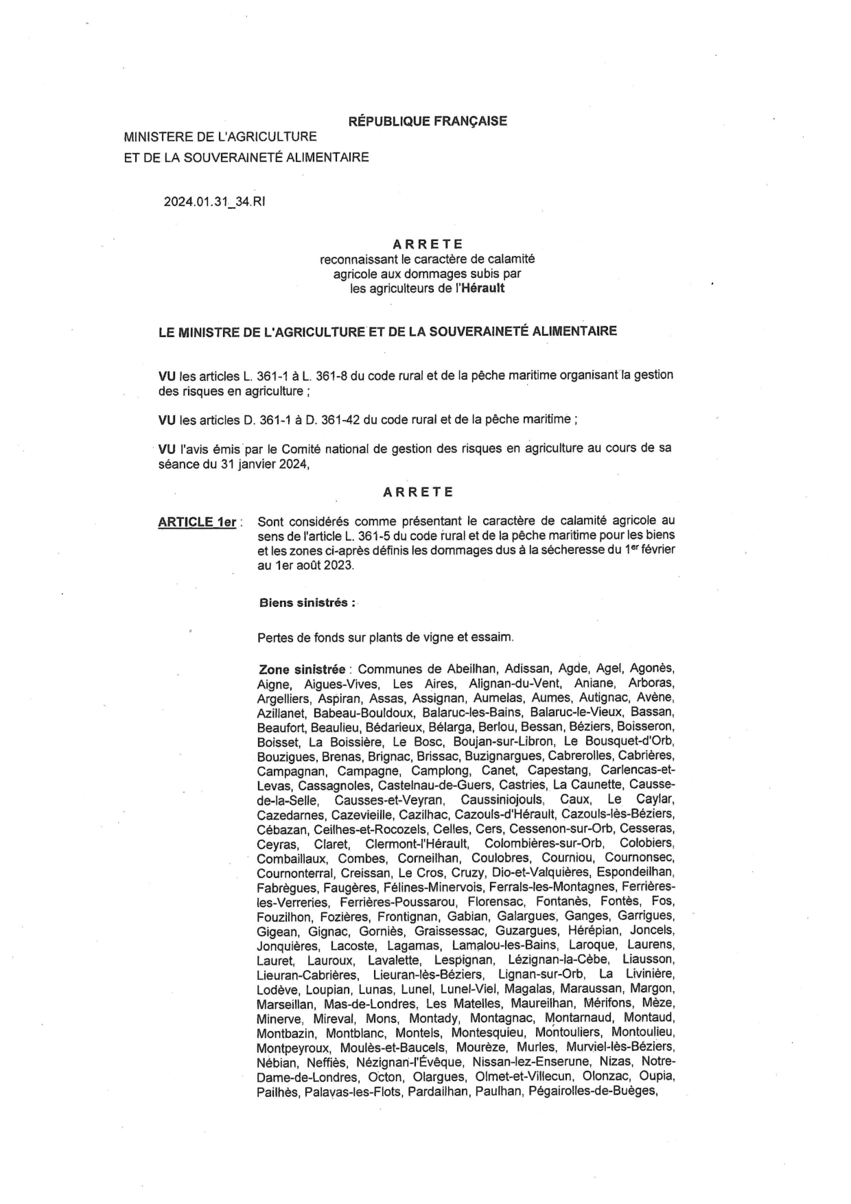 Arrêté ministériel ayant trait aux calamités agricoles – Saint-Vincent ...